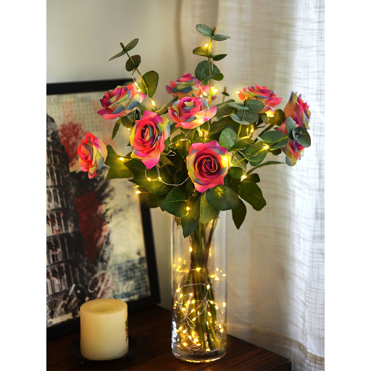 Real Touch Rainbow Rose Bouquet Artificial Flowers with Twinkling LED ...