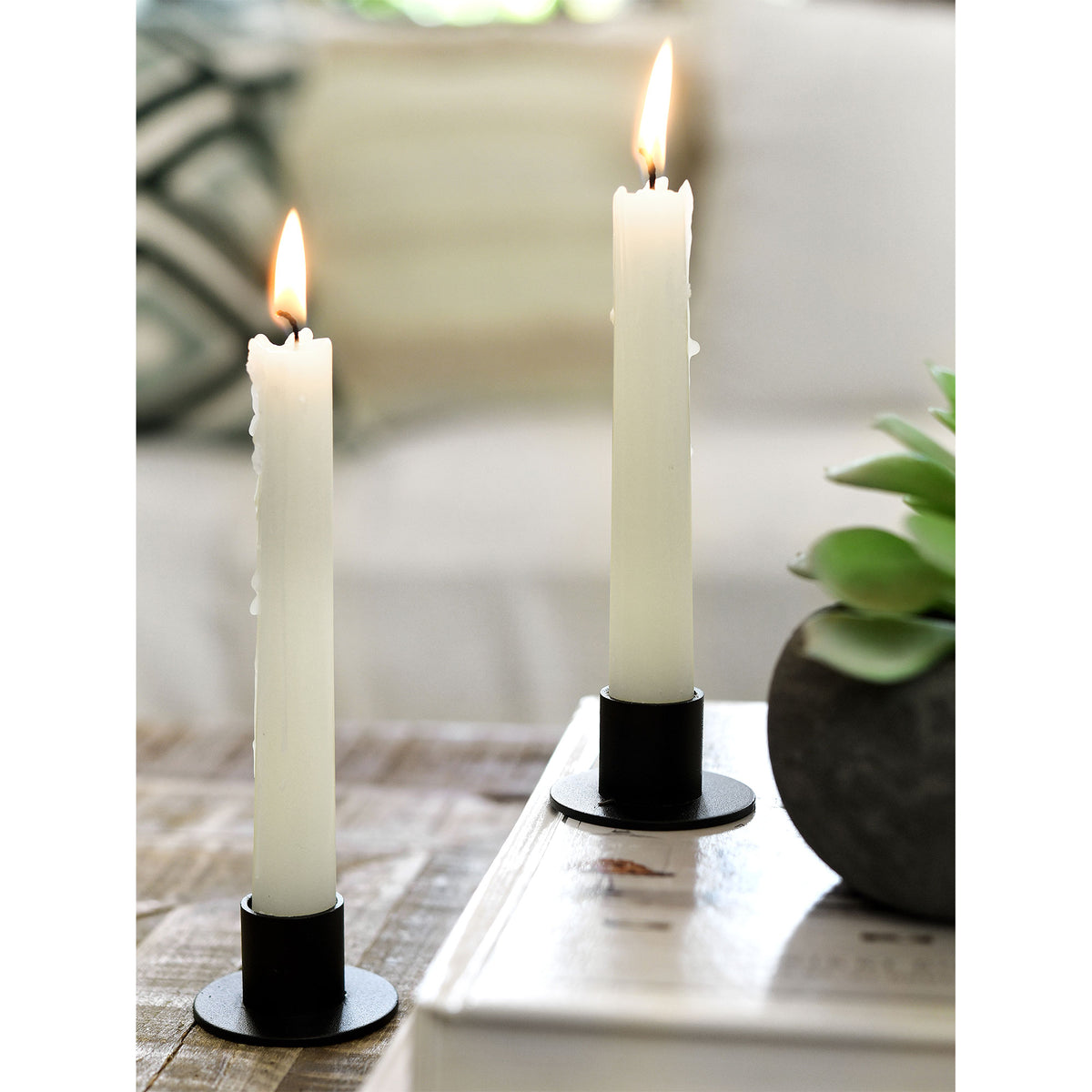 4 Black Plated Iron Candle Holders with Round Base for Taper Wax Candl ...